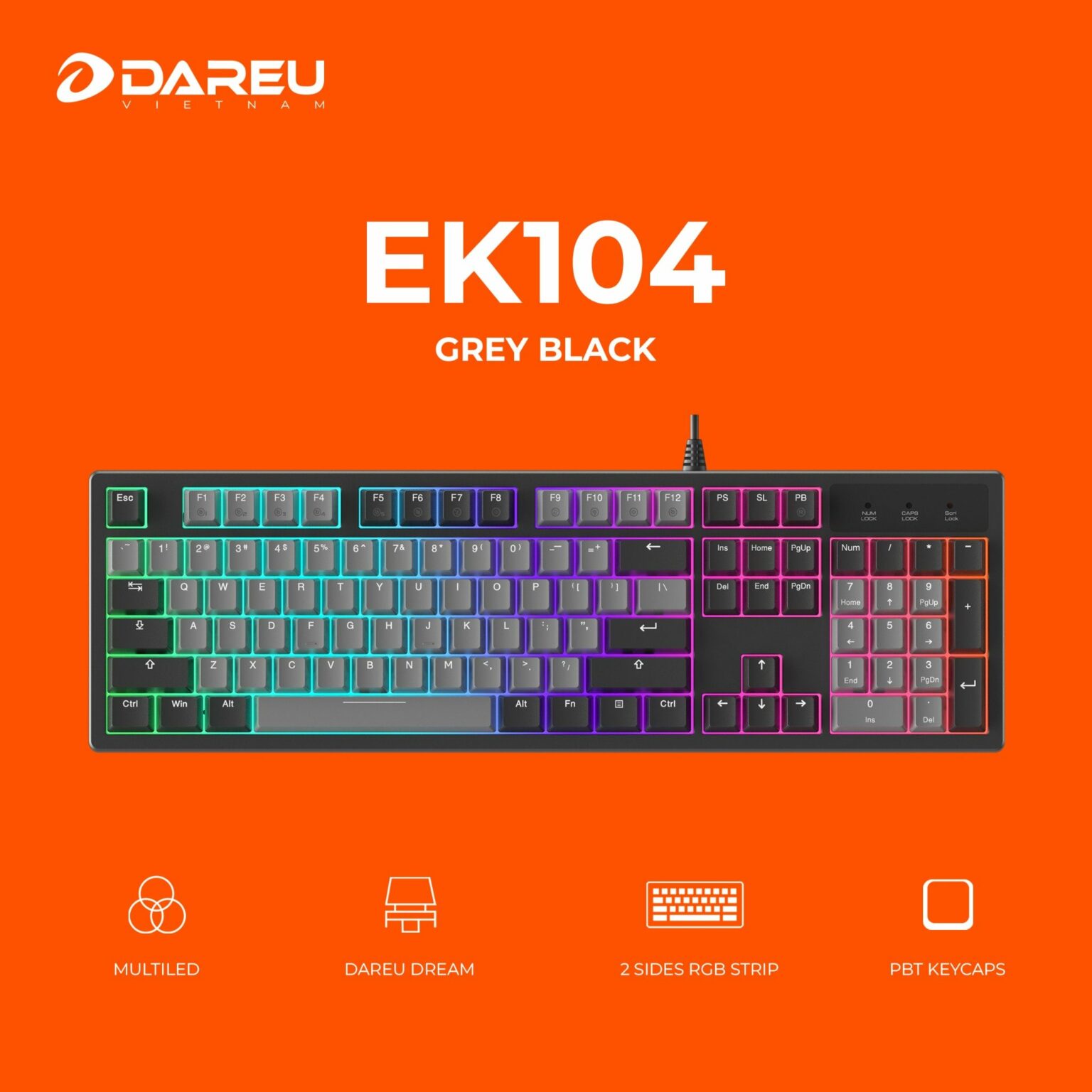 Bàn phím cơ Gaming DAREU EK104 GREY x BLACK( Led viền, Multi-Led, PBT Double Shot OEM profile ...